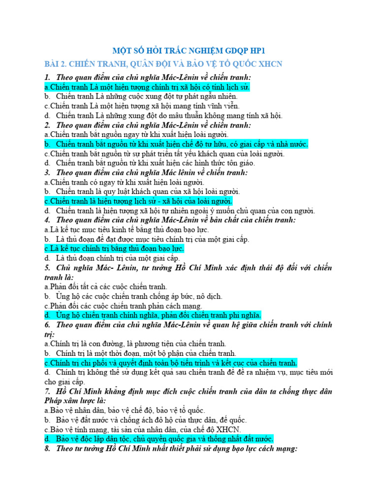 MỘT SỐ CÂU HỎI TRẮC NGHIỆM GDQP HP1 | PDF