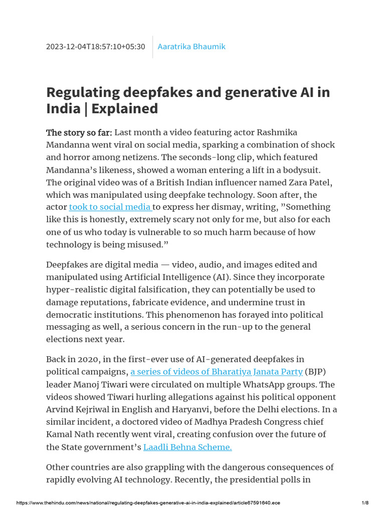 Regulating Deepfakes And Generative Ai In India Pdf Artificial Intelligence Intelligence