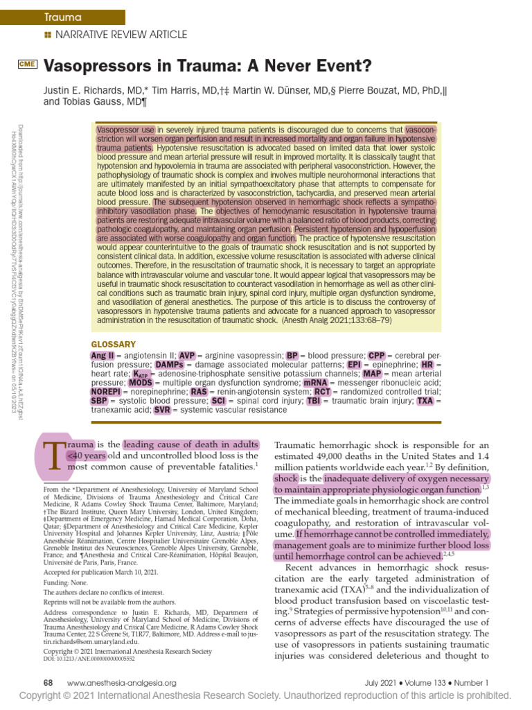Vasopressors in Trauma (SUBRAYADO) | PDF | Shock (Circulatory) | Endothelium