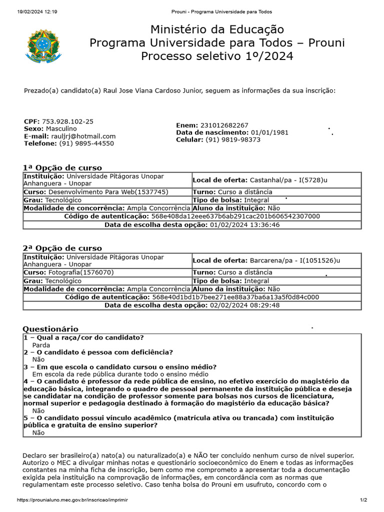 Ficha de Inscricao-Prouni | PDF Ficha de Inscricao-Prouni | PDF