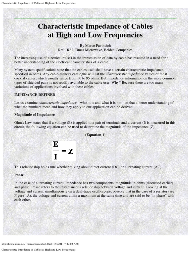 Characteristic Impedance of Cables at High and Low Frequencies | PDF ...