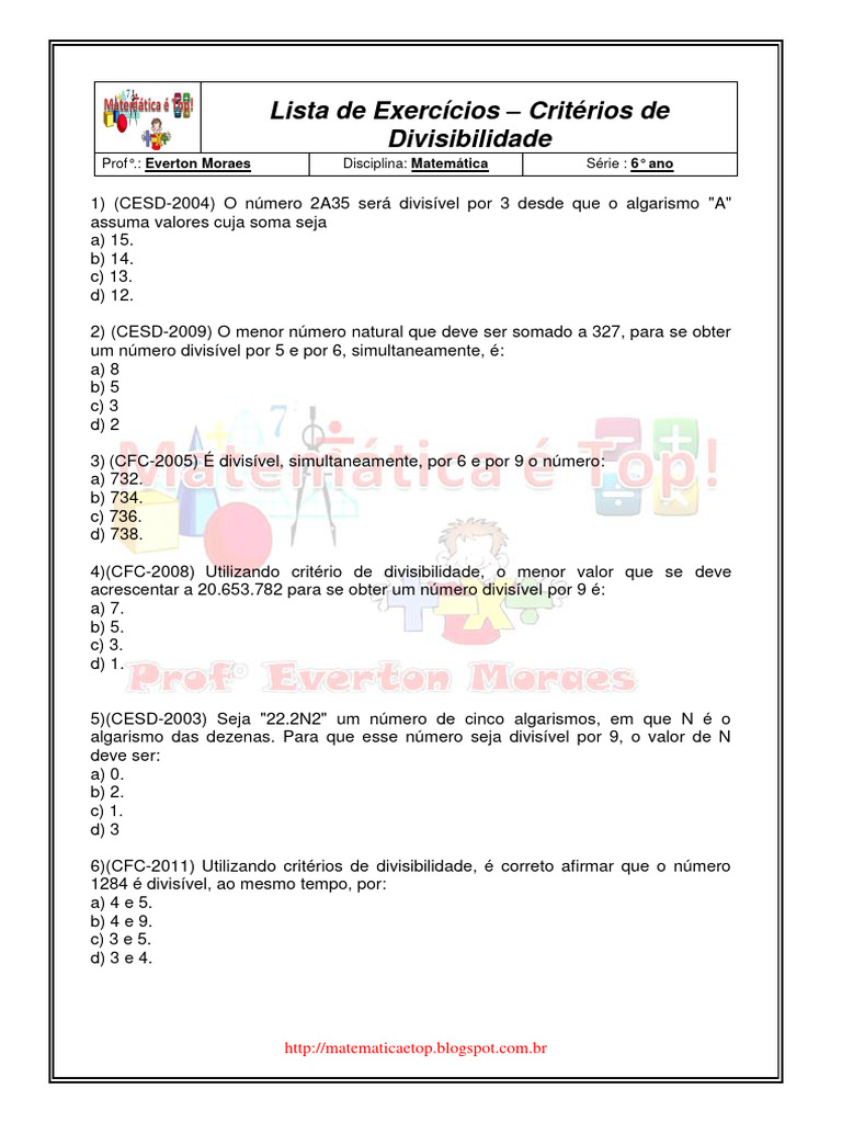 Lista De Exerc cios Crit rios De Divisibilidade PDF