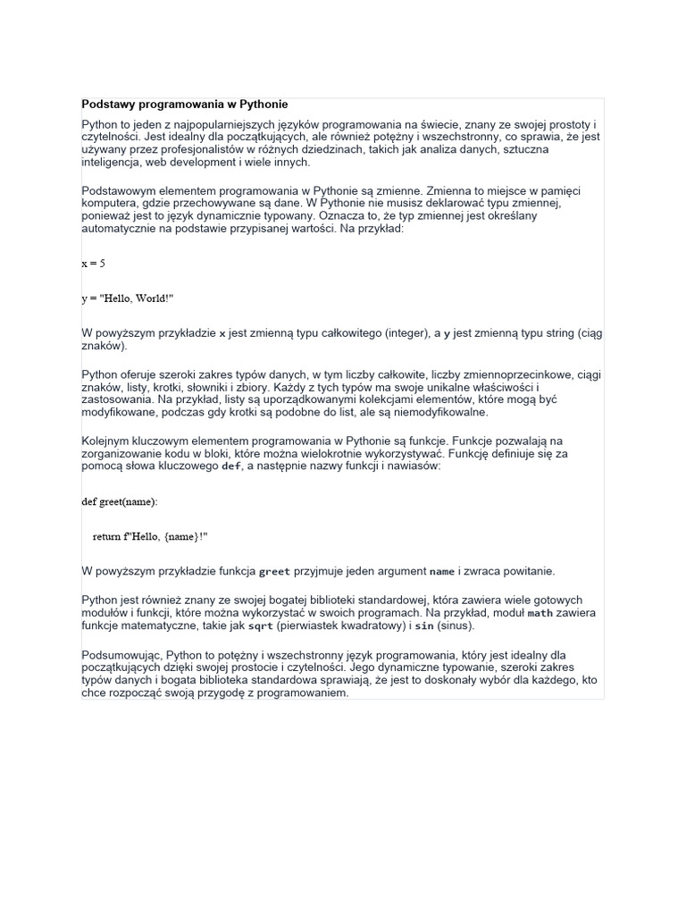 Podstawy Programowania W Pythonie (W Pigułce) | PDF Podstawy Programowania W Pythonie (W Pigułce) | PDF