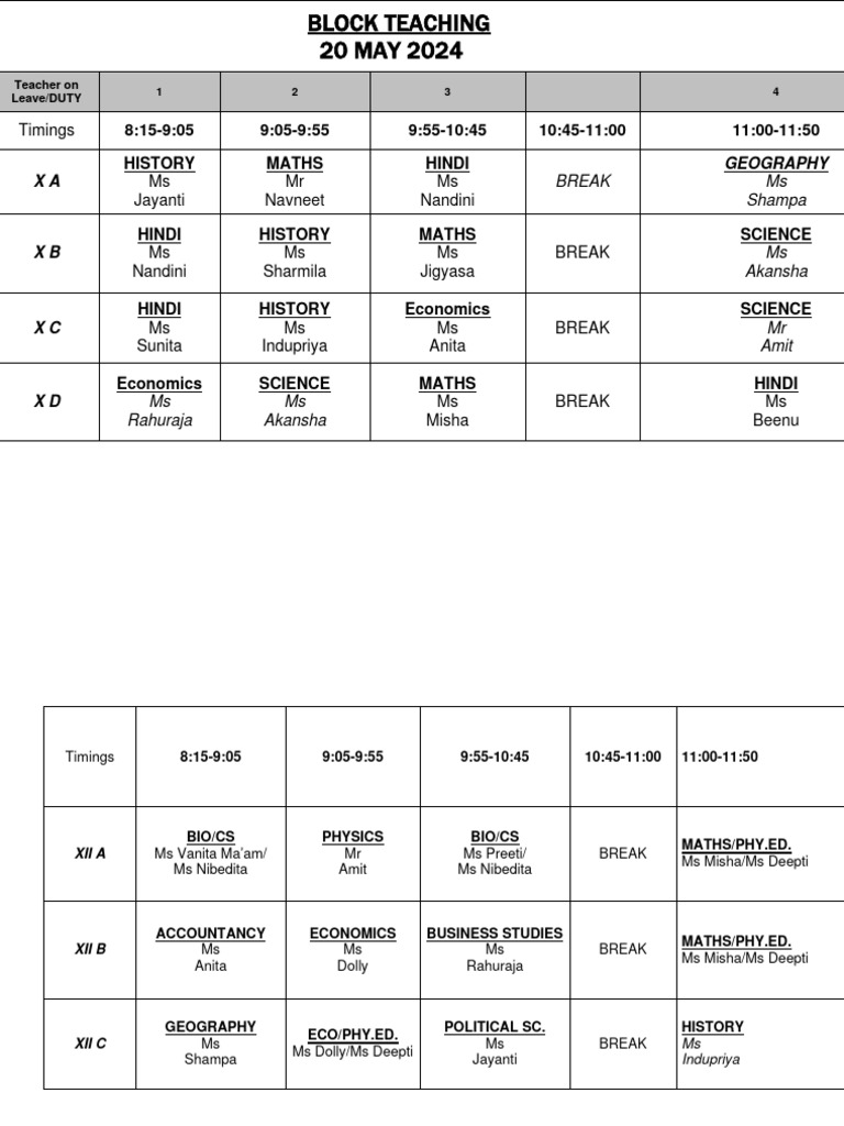 Block Teaching Schedule for May 2024 | PDF