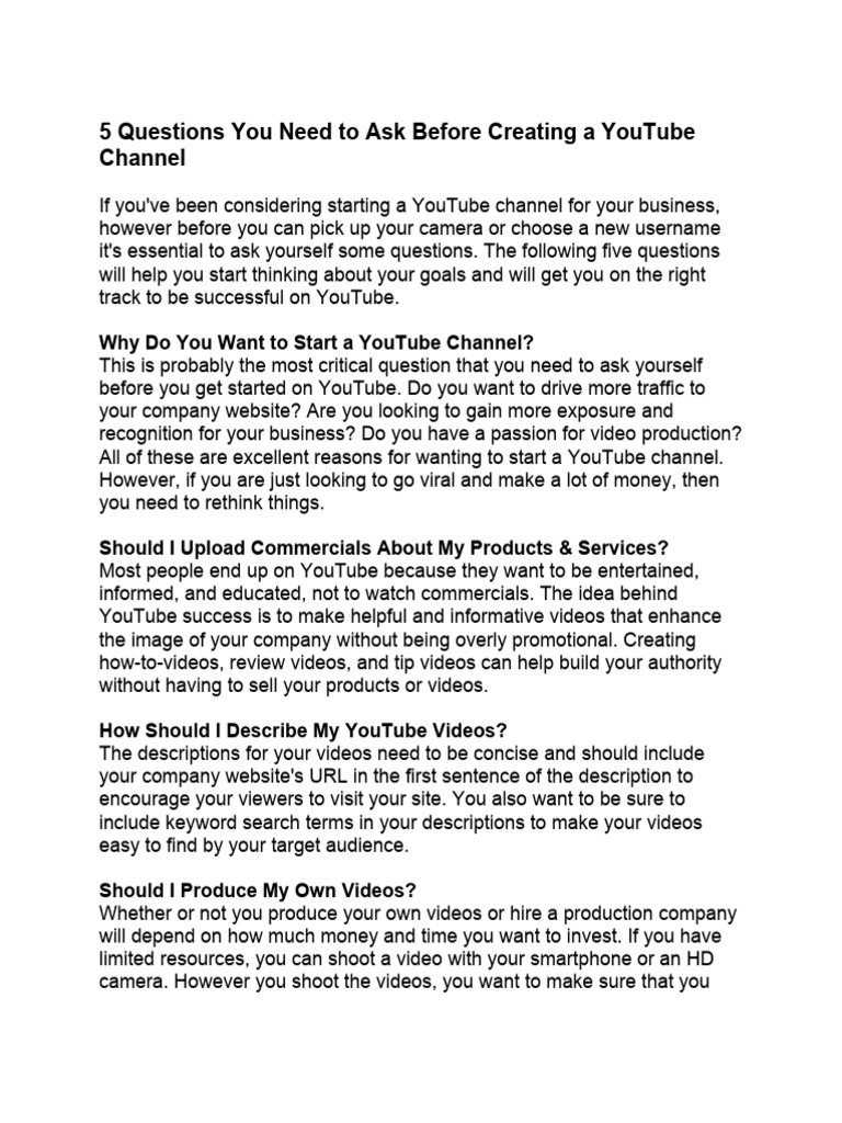 5 Questions To Ask Before Starting A YouTube Channel | PDF | You Tube ...