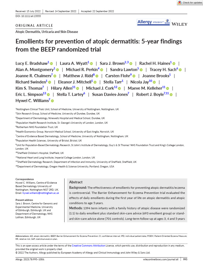 Allergy - 2022 - Bradshaw - Emollients For Prevention of Atopic Dermatitis 5 Year Findings From ...