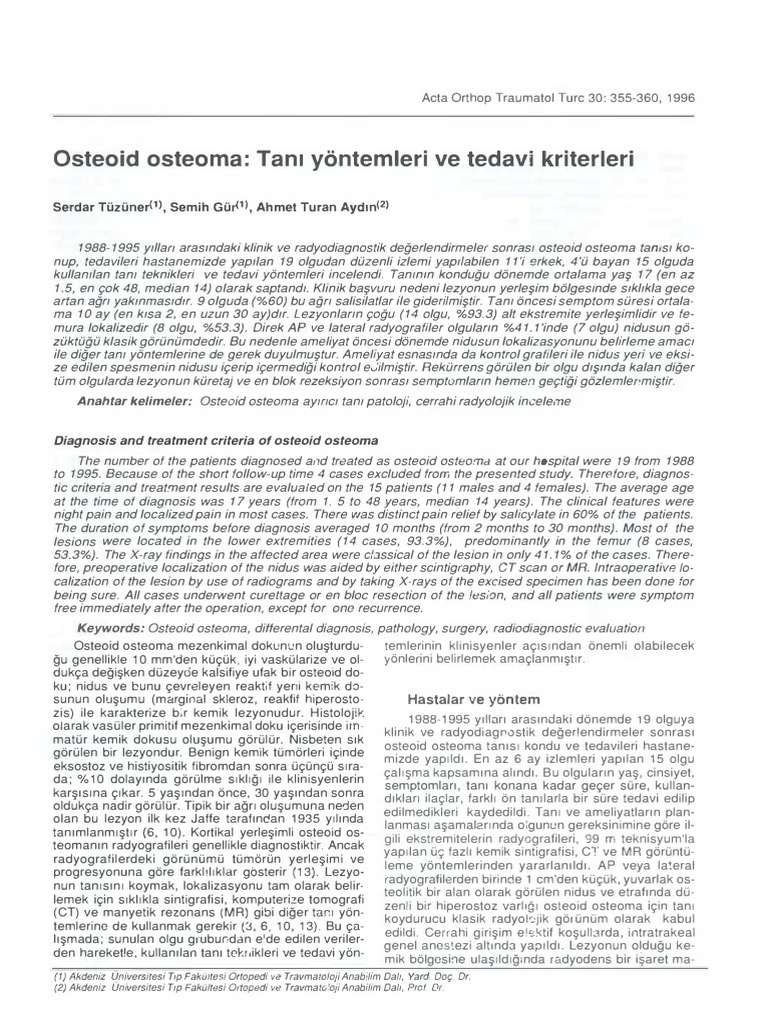 Osteoid Osteoma: Tanı Yöntemleri Ve Tedavi Kriterleri: Serdar Tüzüner ...
