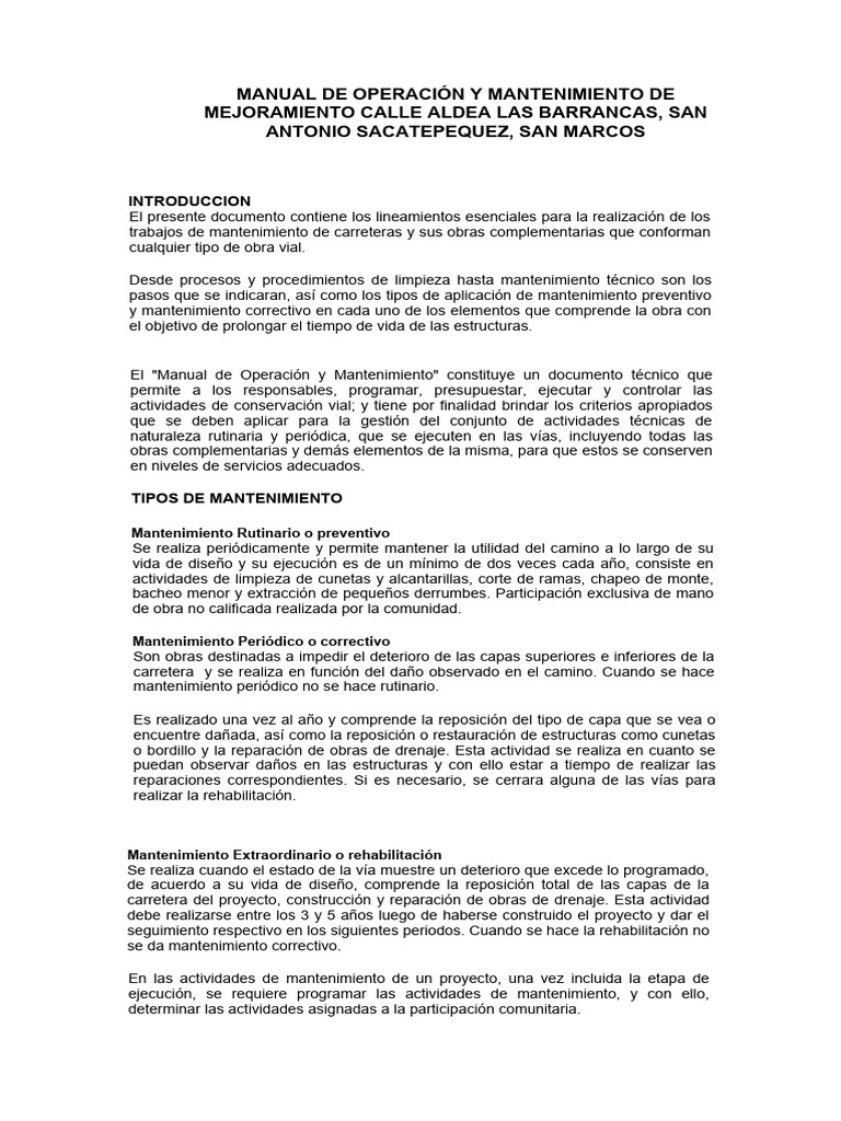 Manual de Operacion y Mantenimiento | PDF | La carretera | Presupuesto