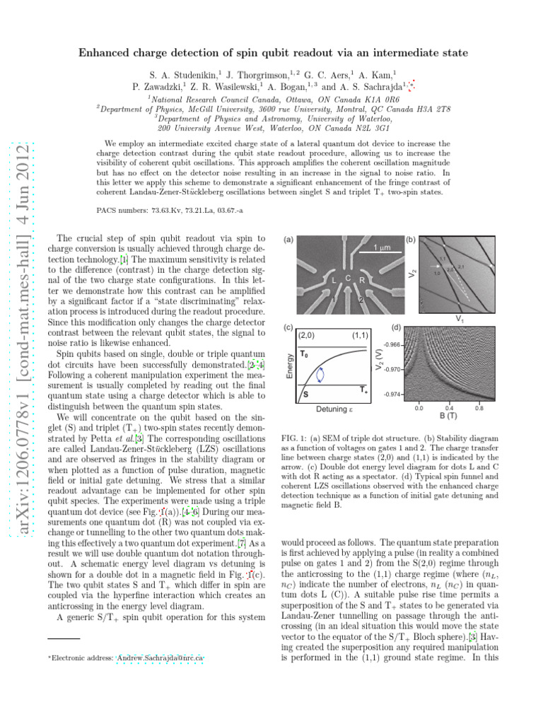 Enhanced Charge Detection of Spin Qubit Readout Via An Intermediate State | PDF | Detector ...