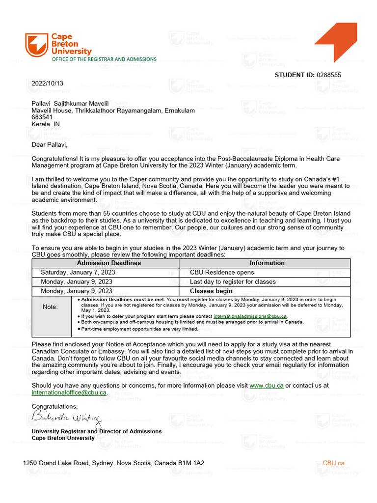 CBU - Unconditional Offer Letter | PDF | Tuition Payments | Travel Visa