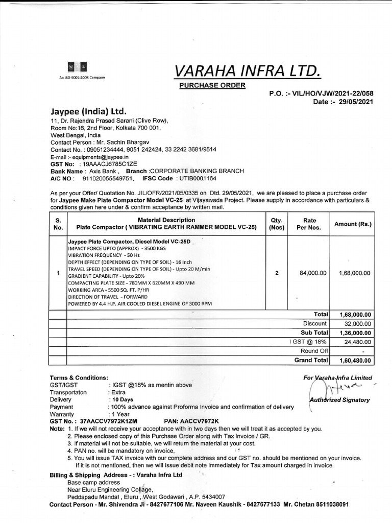 Purchase Order for Jaypee Plate Compactor | PDF