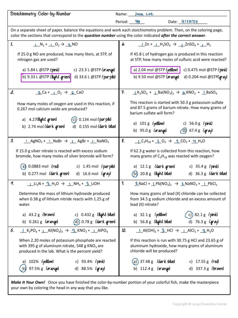 Chemistry WS 12.5 - Color by Number | PDF | Mole (Unit) | Stoichiometry