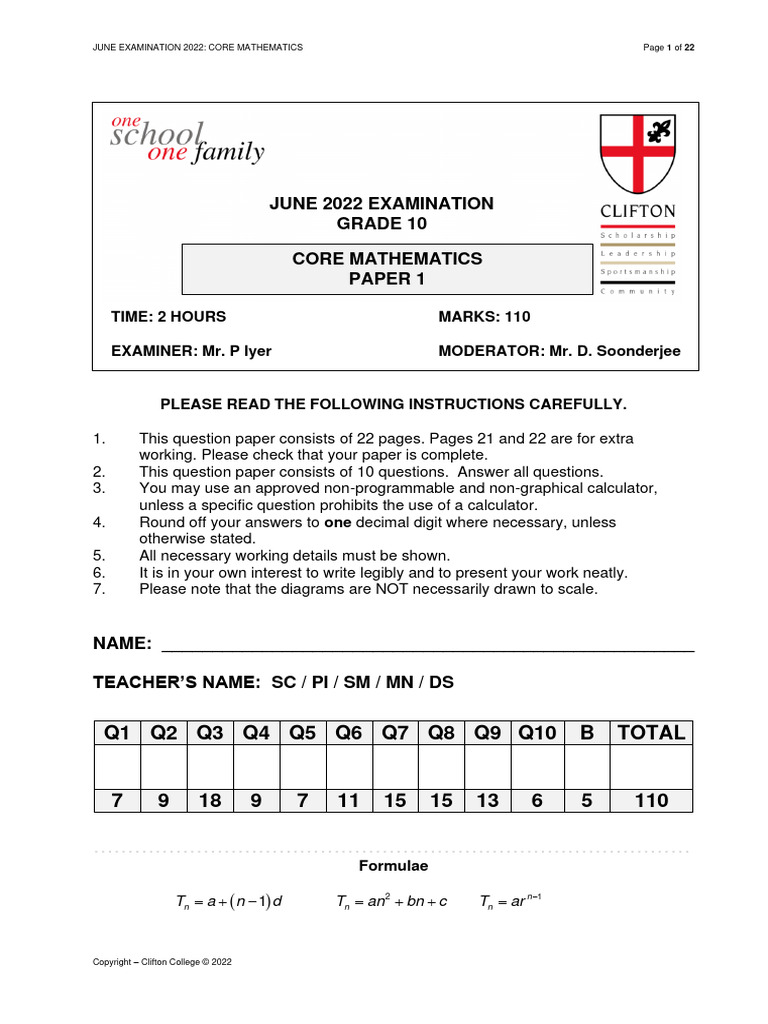 G10 June Examination 2022 | PDF | Elementary Mathematics | Mathematics