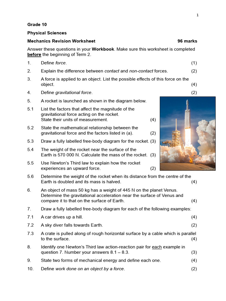 Grade 10 Revision Worksheet Mechanics | Download Free PDF | Force | Weight