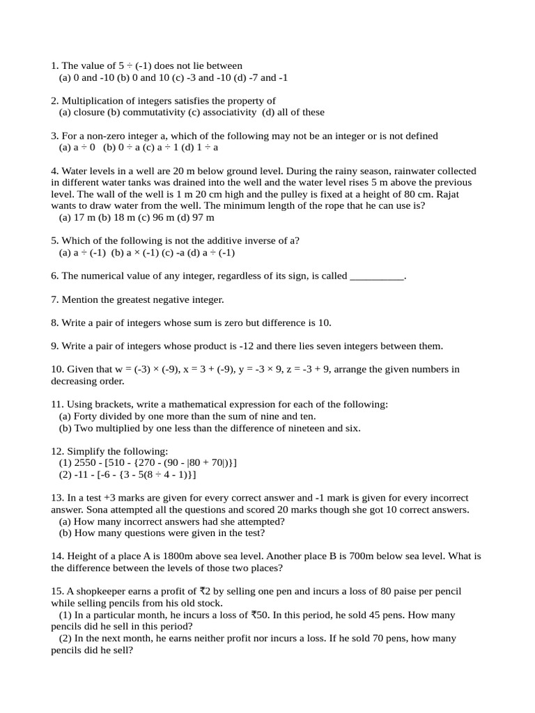 Test Class 7 Mathematics Chapter 1 Integers Final | PDF | Teaching ...