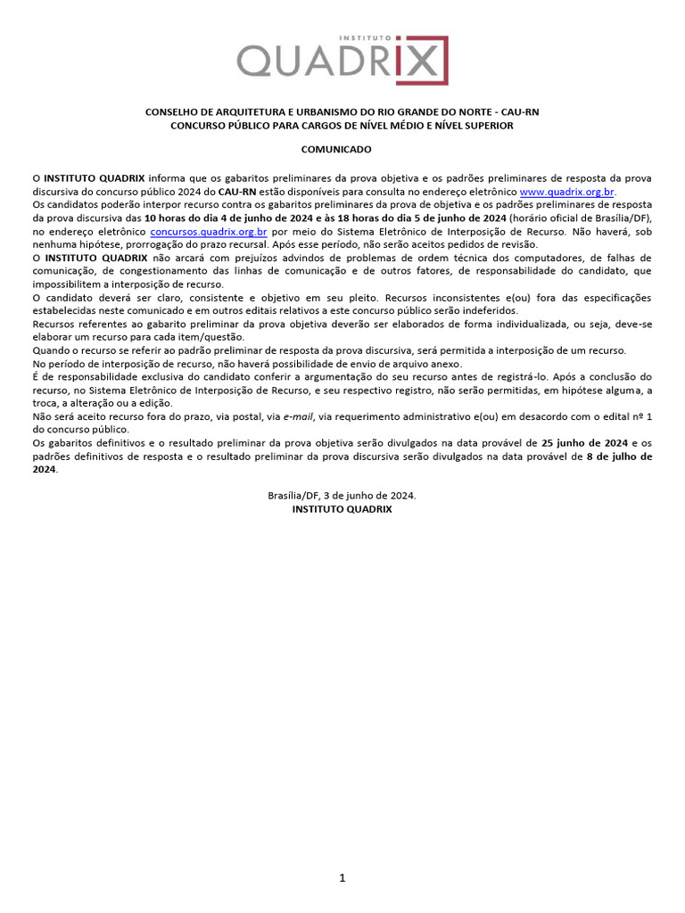 CAU-RN Concurso Publico 2023 Comunicado 03-05-2024 | PDF | Informática