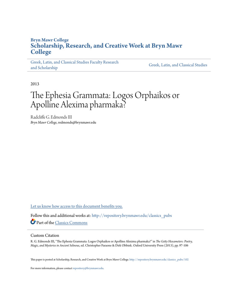 Ephesia Grammata: Magic and Protection | PDF | Classics
