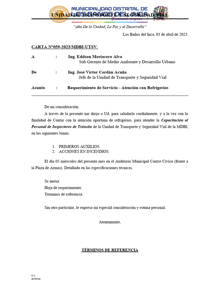 CARTA #059 - Requerimiento de Servicio - Atencion Con Refrigerios | PDF