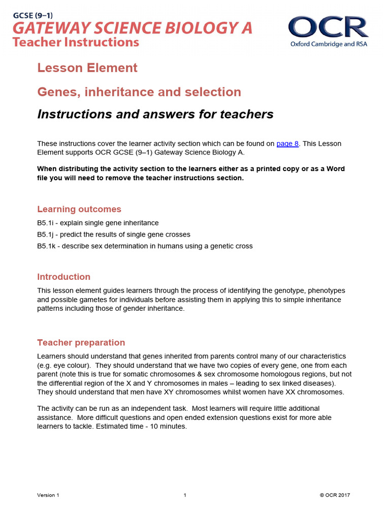 Genes Inheritance and Selection Lesson Element | PDF | Dominance ...