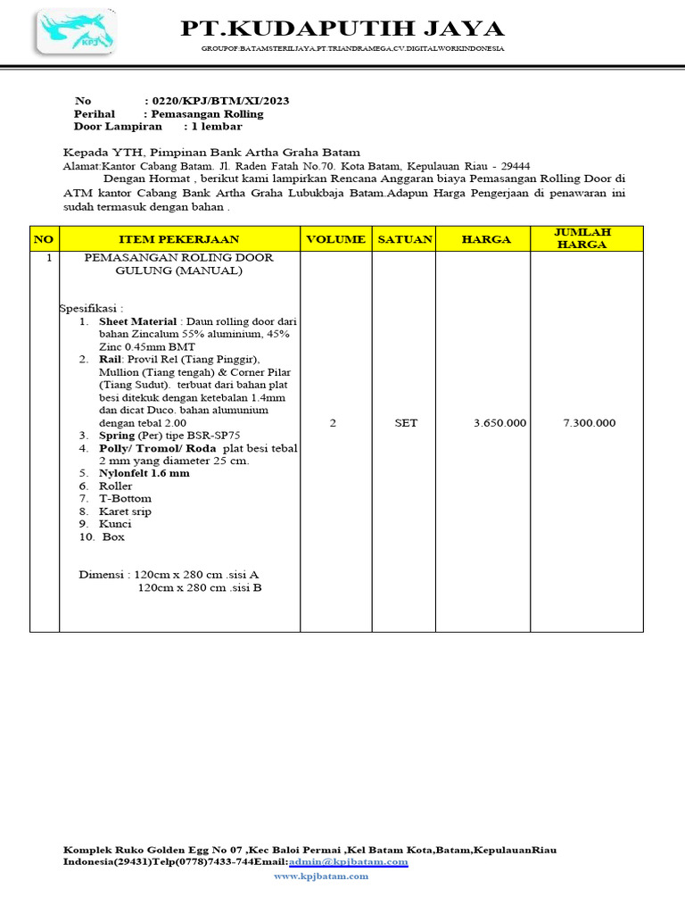 Penawaran Pemasangan Rolling Door Batam | PDF