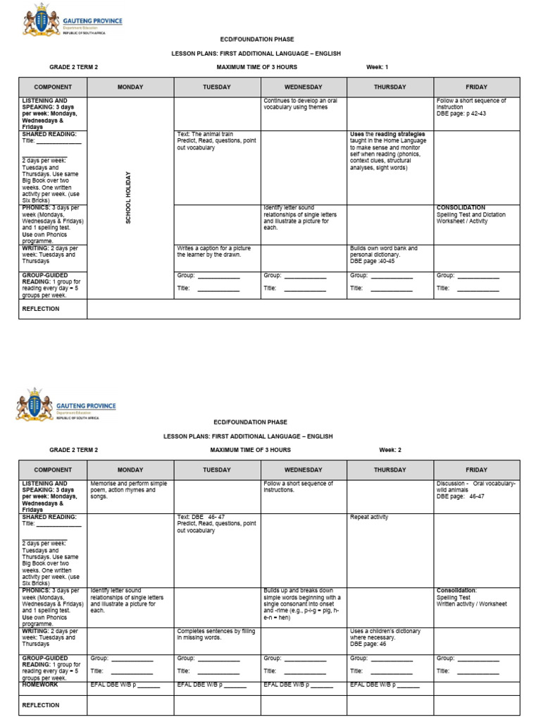 Lesson Plans EFAL Grade 2 Term 2 | PDF | Phonics | Vocabulary