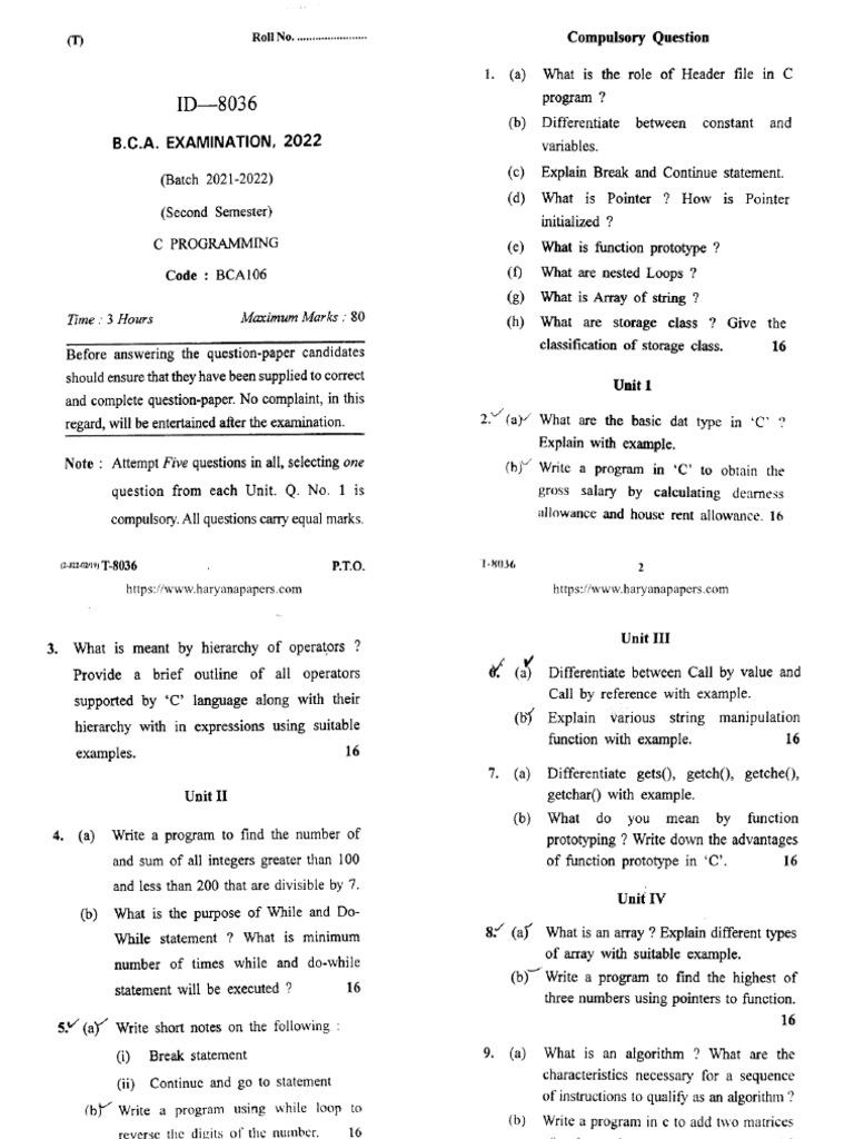 Bca 2 Sem C Programming Id 8036 2022 | PDF
