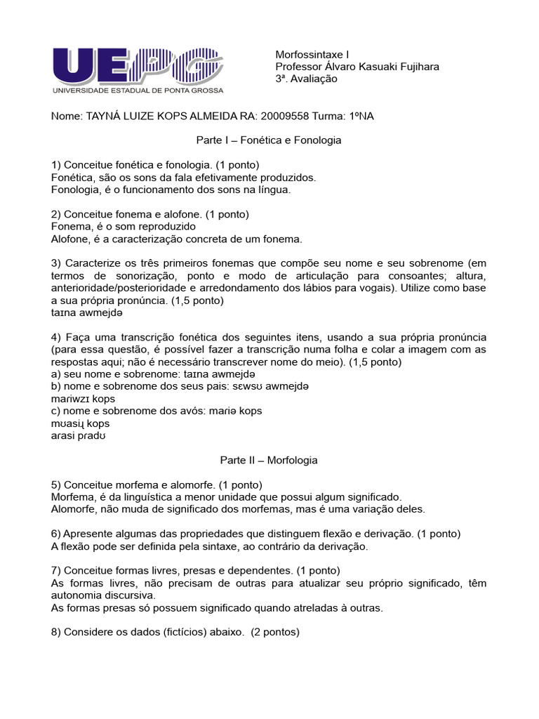 2a. prova morfo I | Download grátis PDF | Fonética | Fonema