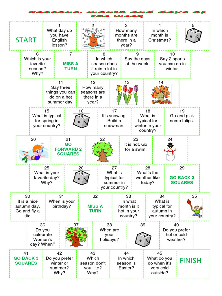 Board Game Month Seasons Days of The Week Activities Promoting ...