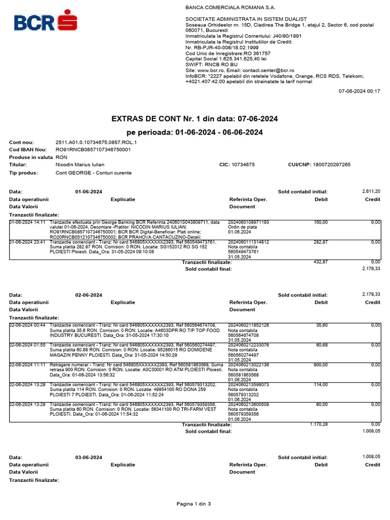 Extras de Cont BCR: 01-06-2024 - 06-06-2024 | PDF