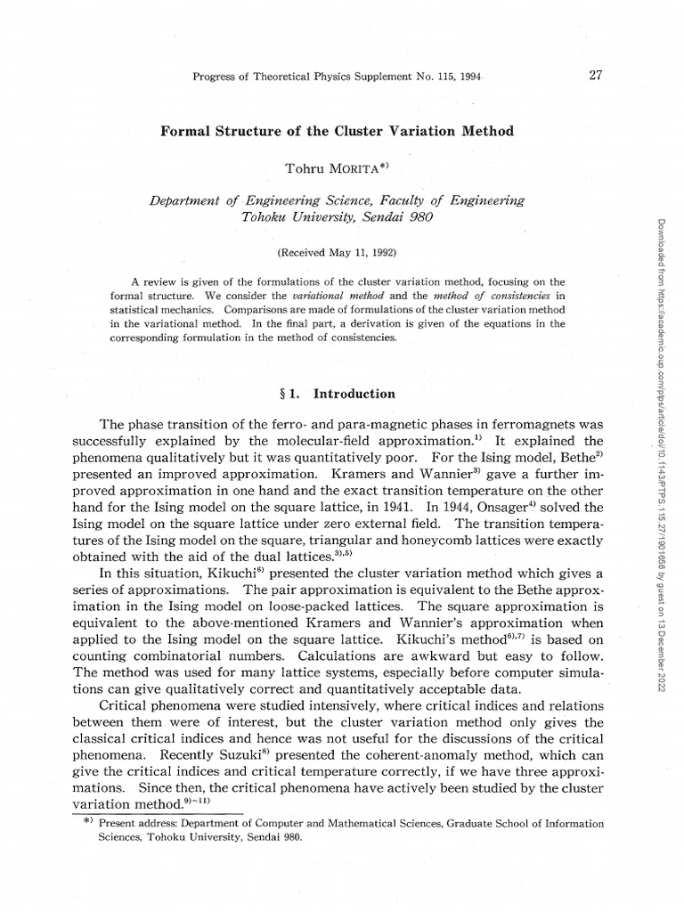 Tohru Morita - Formal Structure of The Cluster Variation Method | PDF | Temperature | Physical ...