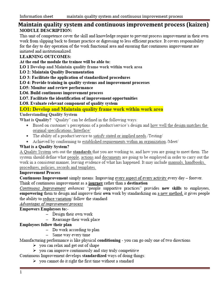 Manage Continuous Improvement System Kaizen Dab 3rd Year Handout Pdf