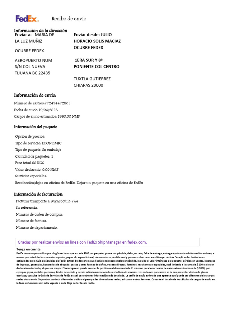 Recibo Fedex Ejemplo | PDF | Economias