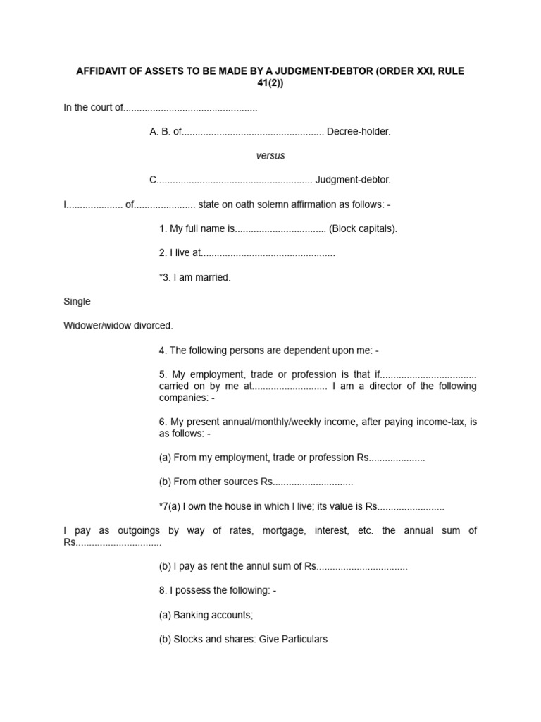 Affidavit of Assets To Be Made by A Judgment-Debtor (Order Xxi, Rule 41 ...