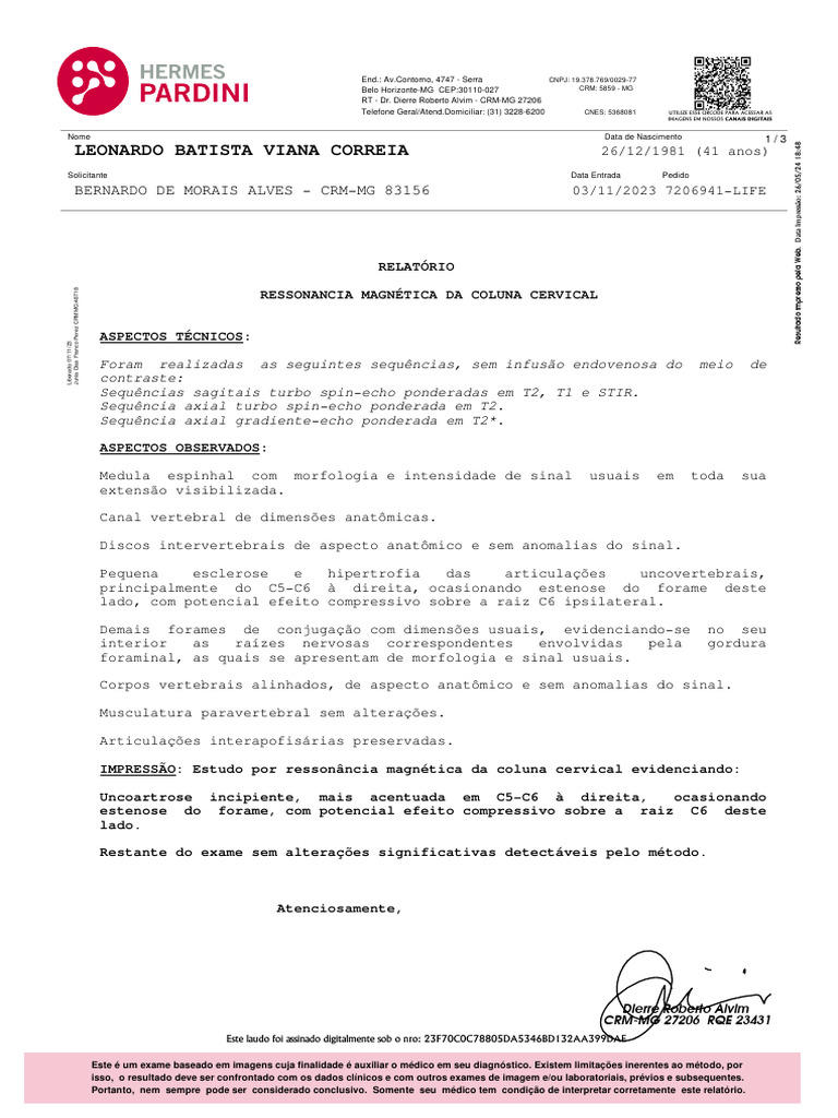 Resultado Laudo 17 2023 7206941 1 | PDF | Coluna vertebral | Imagem de ressonância magnética