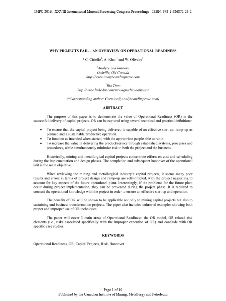 WHY PROJECTS FAIL – AN OVERVIEW ON OPERATIONAL READINESS _ C. Ciriello ...