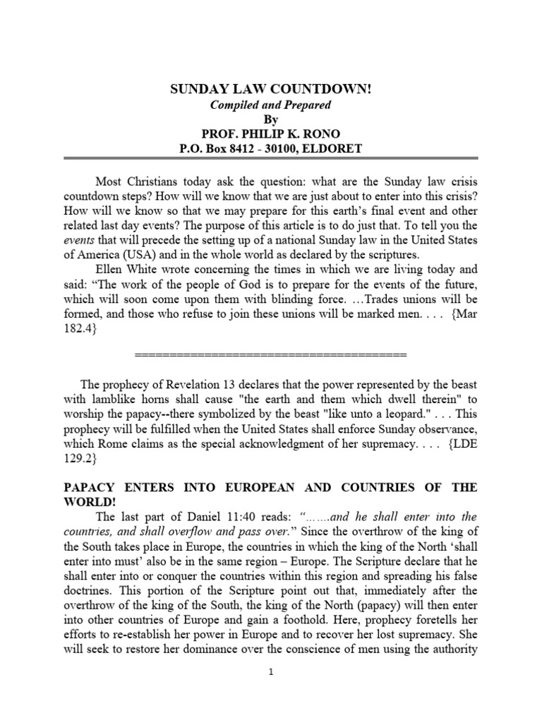 Prophecy - Sunday Law Countdown Revised 2024 - 05-06-2024 | PDF | Ecumenism Prophecy - Sunday Law Countdown Revised 2024 - 05-06-2024 | PDF | Ecumenism
