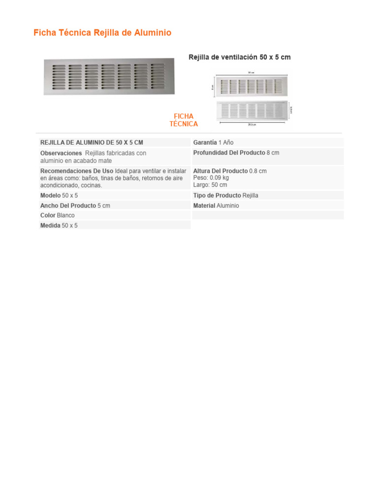 Ficha Técnica Rejilla de Aluminio 50x5 cm | PDF | Hogar, jardinería y ...