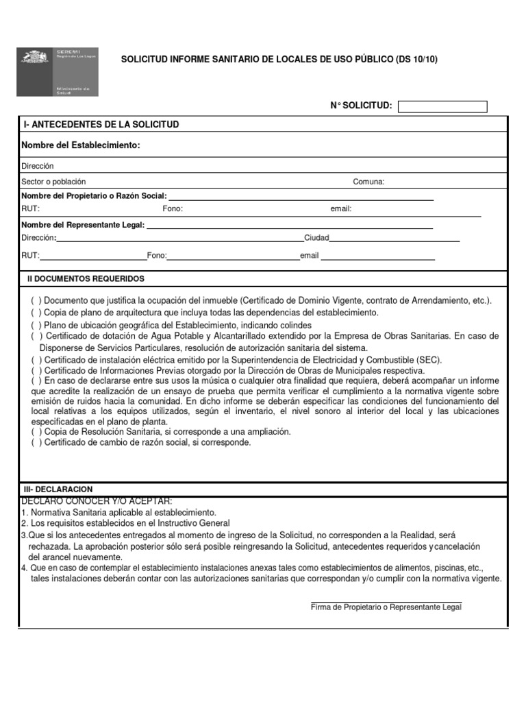 Solicitud de Informe Sanitario de Locales Publicos DS 10 | PDF