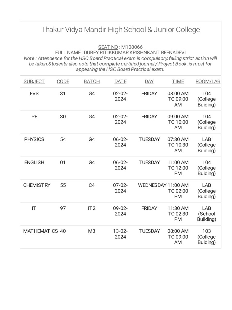 HSC Board Practical TimeTable - Thakur Vidya Mandir High School ...
