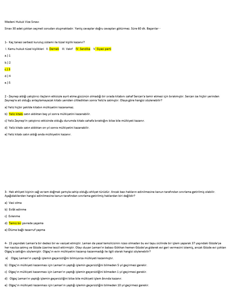 Medeni Hukuk Vize Ve Final 2021 KTO - Kopya | PDF