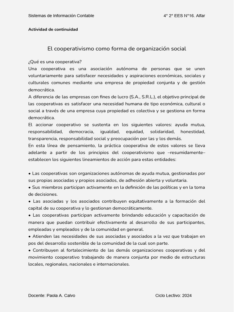 SIC I - Actividad Continuidad 1 | PDF | Cooperativa | Democracia