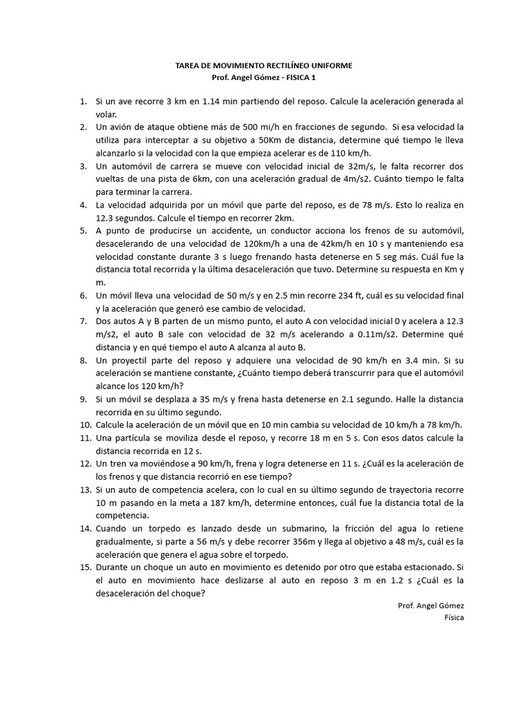 Tarea de MRUV | PDF | Aceleración | Velocidad