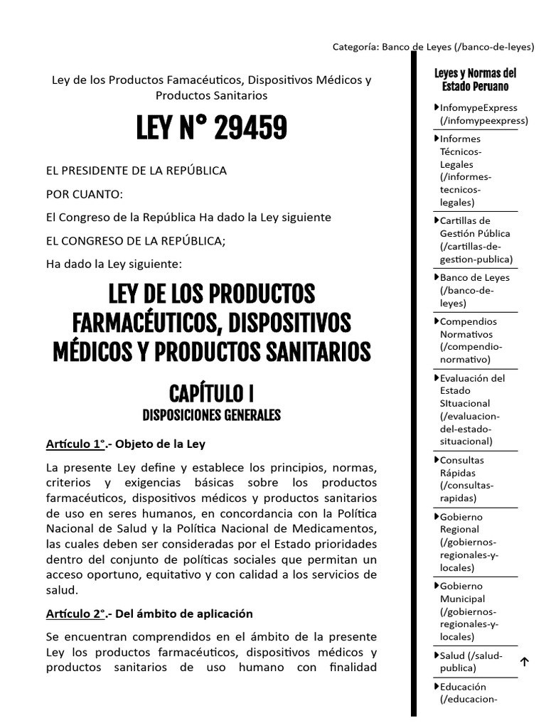Ley 29459 PDF Pesquisavel | PDF | Farmacia | Dispositivo médico