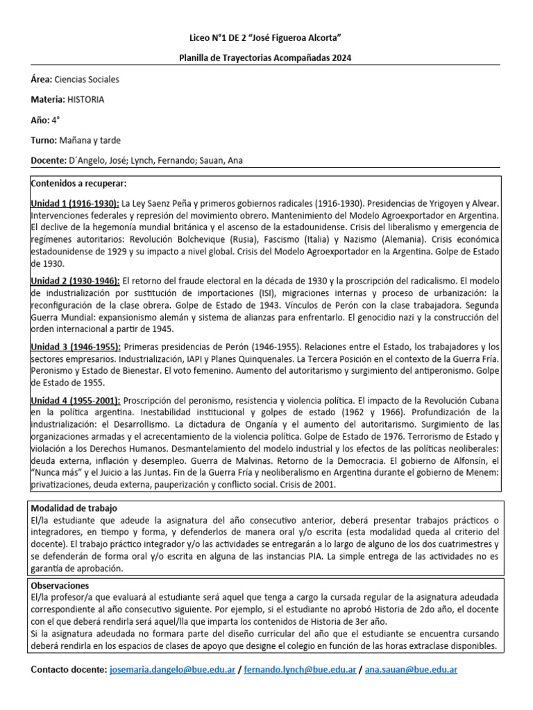 Historia 4° AÑO - Planilla TRAYECTORIA ACOMPAÑADA. D Angelo, Lynch y ...