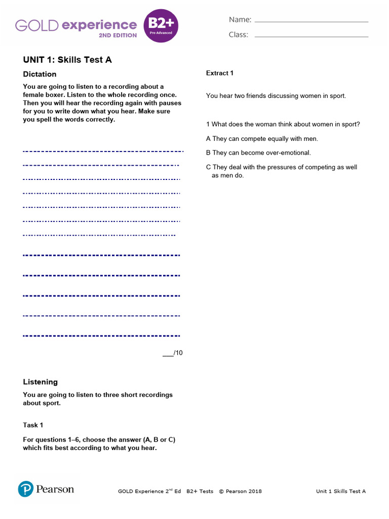 Gold_Exp_B2P_Unit_1_Skills_Test_A | PDF | Sports