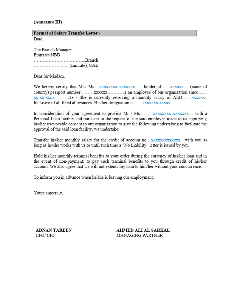 Salary Transfer Letter Format | PDF | Business | Finance & Money Management