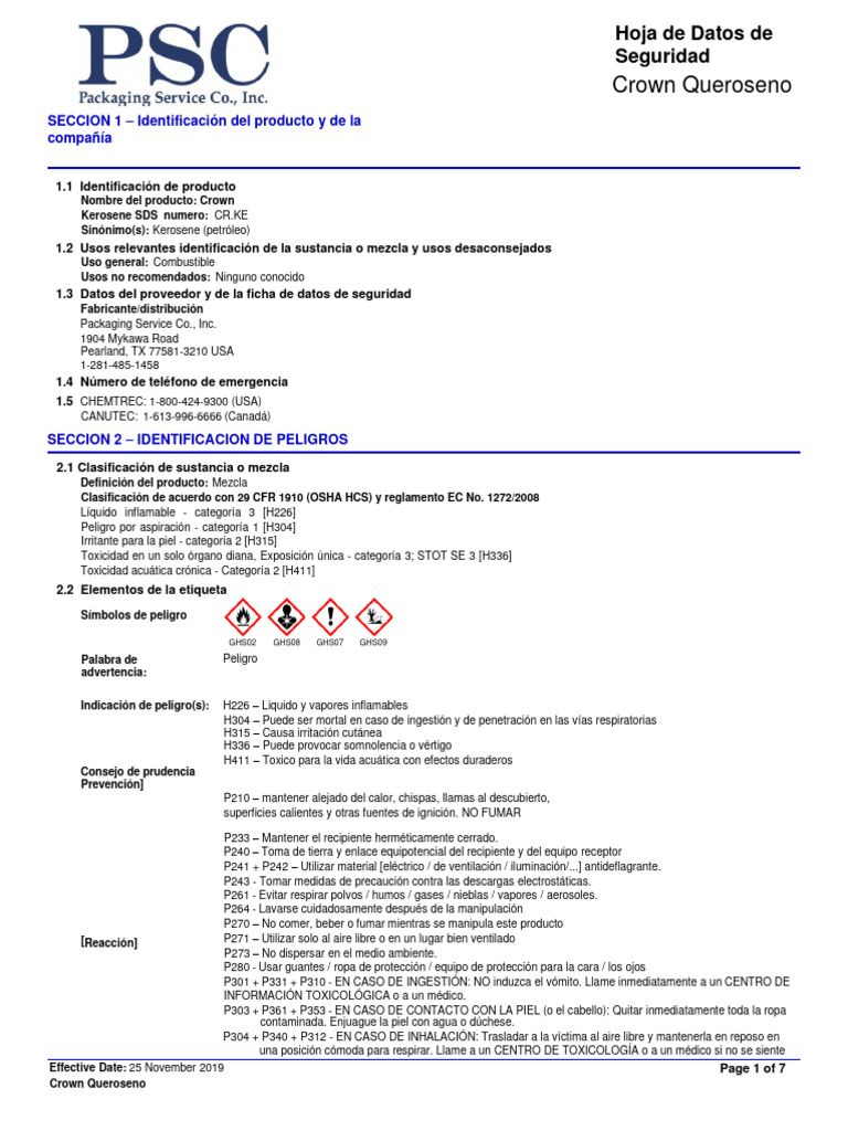 Crown Kerosene Msds Español | PDF | Agua | Contaminación