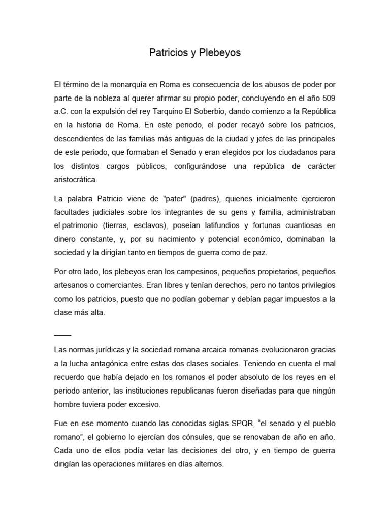 Patricios y plebeyos en Roma antigua | PDF | Roma antigua | Republica ...