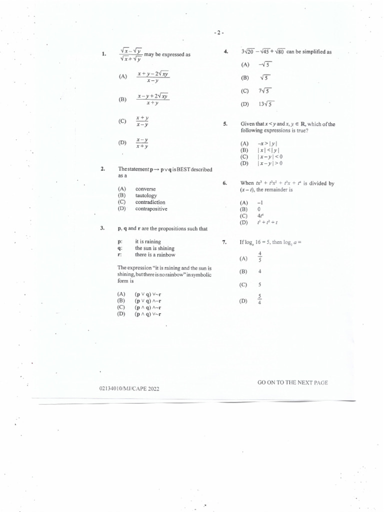 CAPE Pure Mathematics U1 P1 2022 | PDF