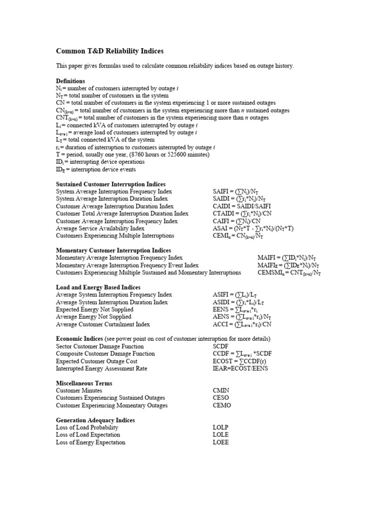 Common T&D Reliability Indices | PDF | Power (Physics) | Electric Power